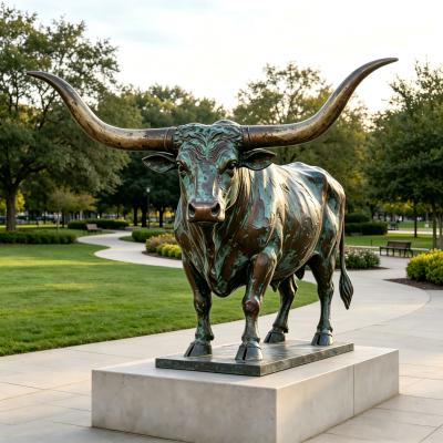 China Outdoor Antique Bronze Finished 304/316 Stainless Steel Longhorn Bull Sculpture 15M High for Park Plaza for sale