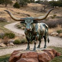 China Outdoor Antique Bronze Finished 304/316 Stainless Steel Longhorn Bull Sculpture 15M High for Park Plaza for sale
