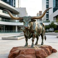 China Outdoor Antique Bronze Finished 304/316 Stainless Steel Longhorn Bull Sculpture 15M High for Park Plaza for sale