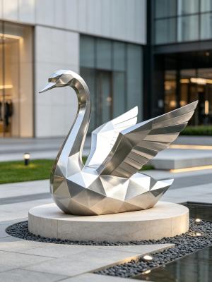 China Customized Geometric Swan Sculpture in 304 or 316 Brushed Stainless Steel with IP65 Waterproof for Outdoor Landscapes for sale