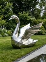 China Customized Geometric Swan Sculpture in 304 or 316 Brushed Stainless Steel with IP65 Waterproof for Outdoor Landscapes for sale