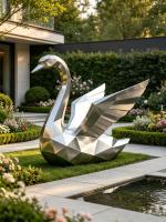 China Customized Geometric Swan Sculpture in 304 or 316 Brushed Stainless Steel with IP65 Waterproof for Outdoor Landscapes for sale