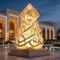 China 3M Modern Arabic Geometric Light Tower Fiberglass Sculpture with Customized Color Weather Resistant and Intelligent Lighting for sale