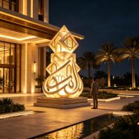 China 3M Modern Arabic Geometric Light Tower Fiberglass Sculpture with Customized Color Weather Resistant and Intelligent Lighting for sale