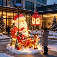 China 3M Fiberglass Santa Sleigh Sculpture with Solar LED Lantern and Stainless Steel Stand for Outdoor Christmas Decoration for sale