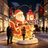China 3M Fiberglass Santa Sleigh Sculpture with Solar LED Lantern and Stainless Steel Stand for Outdoor Christmas Decoration for sale