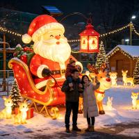 China 3M Fiberglass Santa Sleigh Sculpture with Solar LED Lantern and Stainless Steel Stand for Outdoor Christmas Decoration for sale