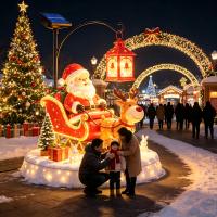 China 3M Fiberglass Santa Sleigh Sculpture with Solar LED Lantern and Stainless Steel Stand for Outdoor Christmas Decoration for sale