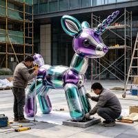 China Mirror Stainless Steel Balloon Unicorn Deer Sculpture with Iridescent Purple-Teal Electroplated Finish for Outdoor Art Installation for sale