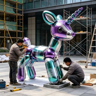 China Mirror Stainless Steel Balloon Unicorn Deer Sculpture with Iridescent Purple-Teal Electroplated Finish for Outdoor Art Installation for sale