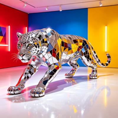 China Mirror Mosaic Stainless Steel Leopard Sculpture in Lifelike Prowling Pose for Weather Resistant Outdoor Display for sale
