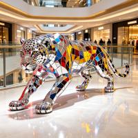 China Mirror Mosaic Stainless Steel Leopard Sculpture in Lifelike Prowling Pose for Weather Resistant Outdoor Display for sale