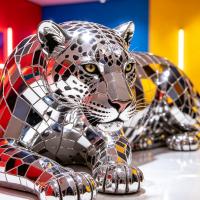 China Mirror Mosaic Stainless Steel Leopard Sculpture in Lifelike Prowling Pose for Weather Resistant Outdoor Display for sale