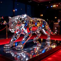 China Mirror Mosaic Stainless Steel Leopard Sculpture in Lifelike Prowling Pose for Weather Resistant Outdoor Display for sale