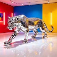 China Mirror Mosaic Stainless Steel Leopard Sculpture in Lifelike Prowling Pose for Weather Resistant Outdoor Display for sale