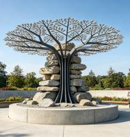 China Stainless Steel Tree Sculpture with FRP Imitation Stone Stack Memorial Art Installation 3.5M High for sale