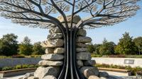 China Stainless Steel Tree Sculpture with FRP Imitation Stone Stack Memorial Art Installation 3.5M High for sale