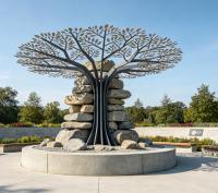 China Stainless Steel Tree Sculpture with FRP Imitation Stone Stack Memorial Art Installation 3.5M High for sale
