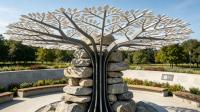 China Stainless Steel Tree Sculpture with FRP Imitation Stone Stack Memorial Art Installation 3.5M High for sale