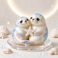 China Pastel Glitter Pair Seal Resin Figurine with Starfish, Hand-Finished Resin Sculpture for Tabletop Ornament Display for sale