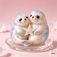 China Pastel Glitter Pair Seal Resin Figurine with Starfish, Hand-Finished Resin Sculpture for Tabletop Ornament Display for sale