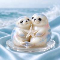 China Pastel Glitter Pair Seal Resin Figurine with Starfish, Hand-Finished Resin Sculpture for Tabletop Ornament Display for sale