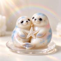 China Pastel Glitter Pair Seal Resin Figurine with Starfish, Hand-Finished Resin Sculpture for Tabletop Ornament Display for sale