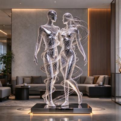 China Customized Artistic Wireframe Sculpture and Couple Statue in 304 Stainless Steel for Modern Urban Spaces for sale