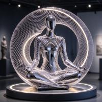 China Life-Size Stainless Steel Meditation Sculpture with LED Halo Ring for Luxury Commercial Art Installations for sale
