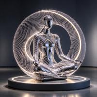 China Life-Size Stainless Steel Meditation Sculpture with LED Halo Ring for Luxury Commercial Art Installations for sale