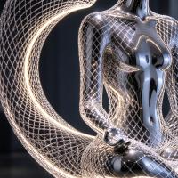 China Life-Size Stainless Steel Meditation Sculpture with LED Halo Ring for Luxury Commercial Art Installations for sale