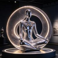 China Life-Size Stainless Steel Meditation Sculpture with LED Halo Ring for Luxury Commercial Art Installations for sale