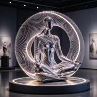 China Life-Size Stainless Steel Meditation Sculpture with LED Halo Ring for Luxury Commercial Art Installations for sale