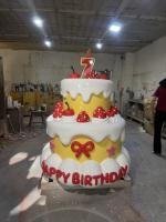 China Giant 3-Tier Birthday Cake Fiberglass Sculpture Weather Resistant Customized Color Fiberglass Statue for Commercial Art Display for sale