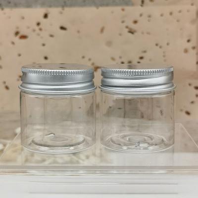 China 1oz 30g 30ml Round Transparent PET Plastic Cosmetic Jar With Aluminum Screw Cap for sale