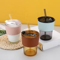 China OEM ODM 400ml Glass Coffee Cup / Mug With Lid And Straw for sale