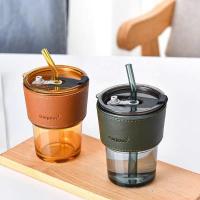 China OEM ODM 400ml Glass Coffee Cup / Mug With Lid And Straw for sale