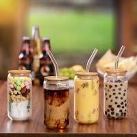 China Drinking Glasses With Bamboo Lids And Glass Straw 16oz Glass Can Shaped Cup for sale
