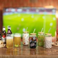 China Drinking Glasses With Bamboo Lids And Glass Straw 16oz Glass Can Shaped Cup for sale