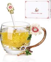 China 4 Sets Flower Tea Cups Vintage Glass Coffee Mugs With Spoon for sale