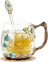 China 4 Sets Flower Tea Cups Vintage Glass Coffee Mugs With Spoon for sale