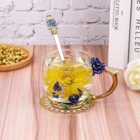 China 4 Sets Flower Tea Cups Vintage Glass Coffee Mugs With Spoon for sale