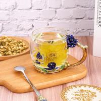 China 4 Sets Flower Tea Cups Vintage Glass Coffee Mugs With Spoon for sale