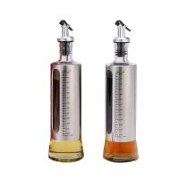 China Stainless Steel Double Glass Seasoning Container Kitchen Olive Oil Spray Bottle with Scale 6.5x24.7cm for sale