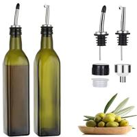 China Dark Green Glass Oil Bottle 500ml 2pcs with Stainless Steel Spout Funnel Square Kitchen for sale