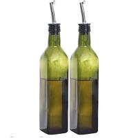 China Dark Green Glass Oil Bottle 500ml 2pcs with Stainless Steel Spout Funnel Square Kitchen for sale
