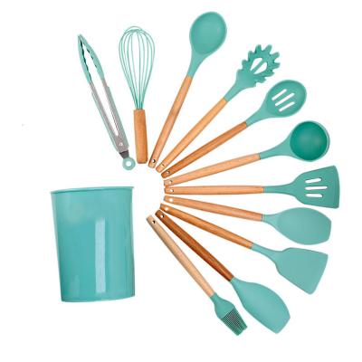 China 18-Piece Silicone Cookware Set with Beechwood Handle Non-Stick Spatula Storage Bucket 1.3kg for sale