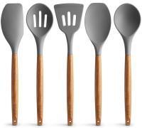 China 5 Piece Non-Stick Silicone Kitchen Cooking Utensil Set with Beechwood Handle 31-33cm for sale