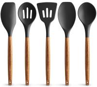 China 5 Piece Non-Stick Silicone Kitchen Cooking Utensil Set with Beechwood Handle 31-33cm for sale