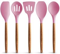 China 5 Piece Non-Stick Silicone Kitchen Cooking Utensil Set with Beechwood Handle 31-33cm for sale